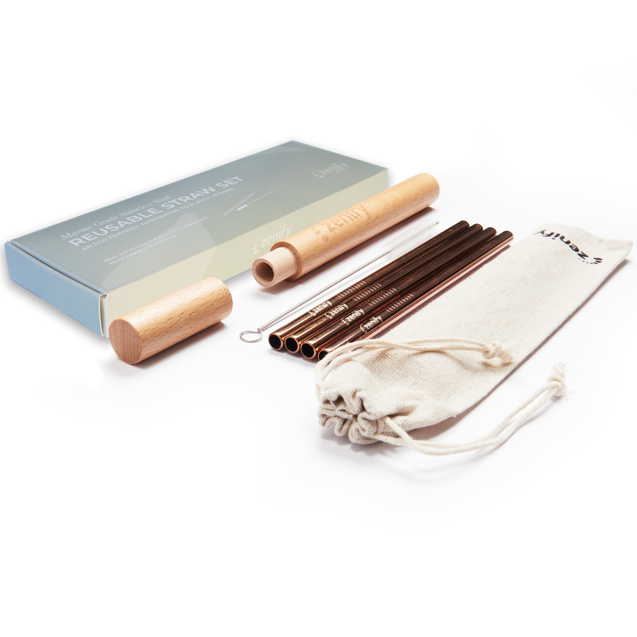 Zenify Earth Reusable Metal Straws (4 Pack with Case) - Rose Gold